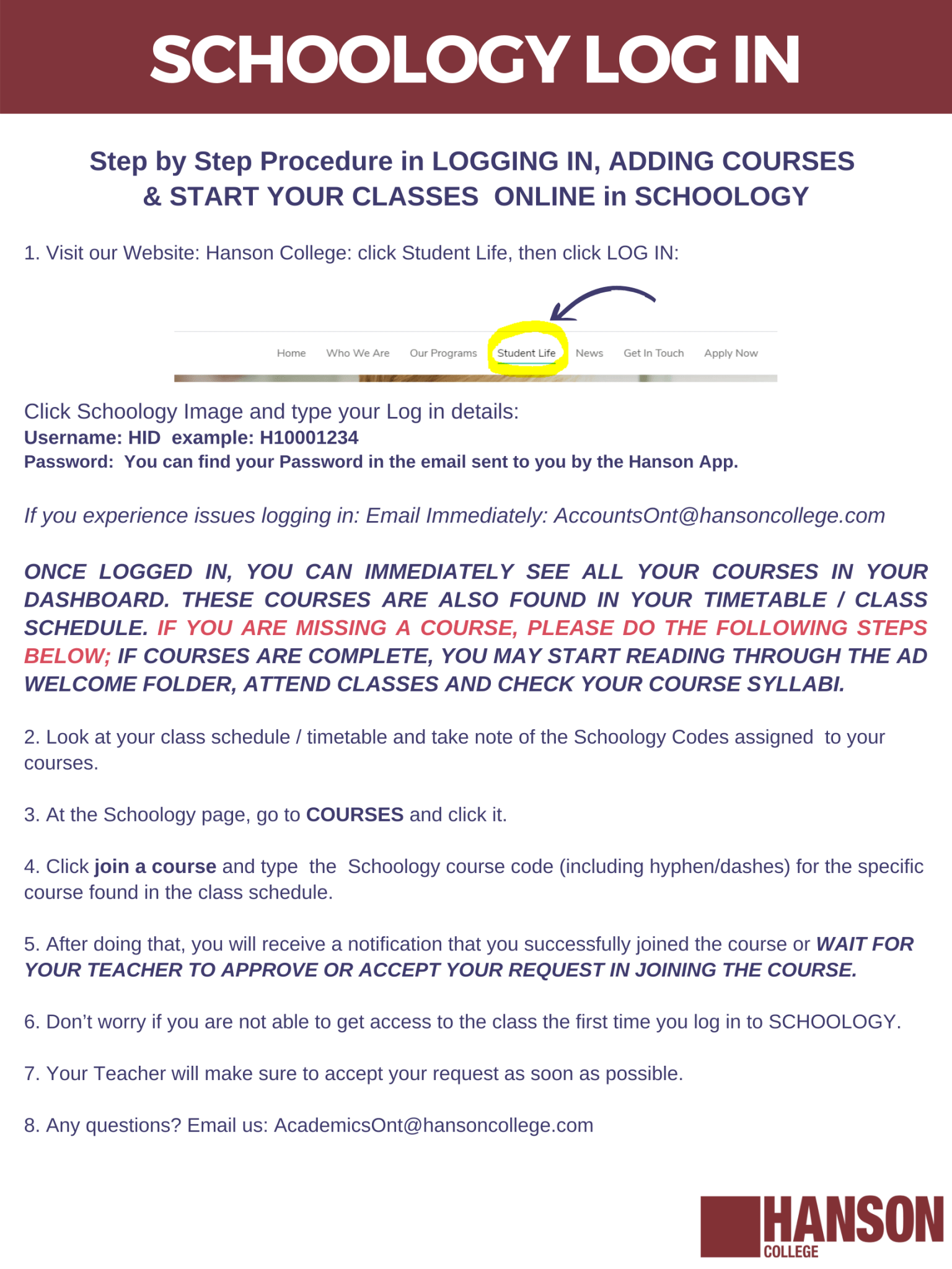 login - Hanson College ON